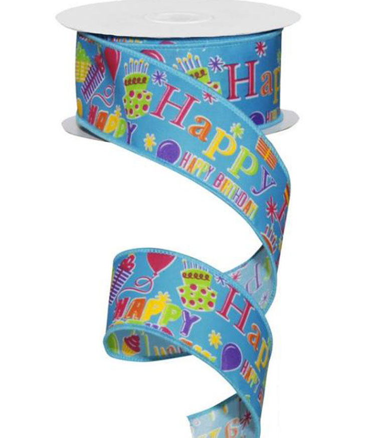 Printed Birthday Wired Ribbon, Bright Blue Multi-Color, 1.5 Inch SALE ITEM