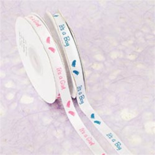 White Satin Ribbon Printed w/ Light Blue Baby Feet - It's a Boy, 3/8 ...