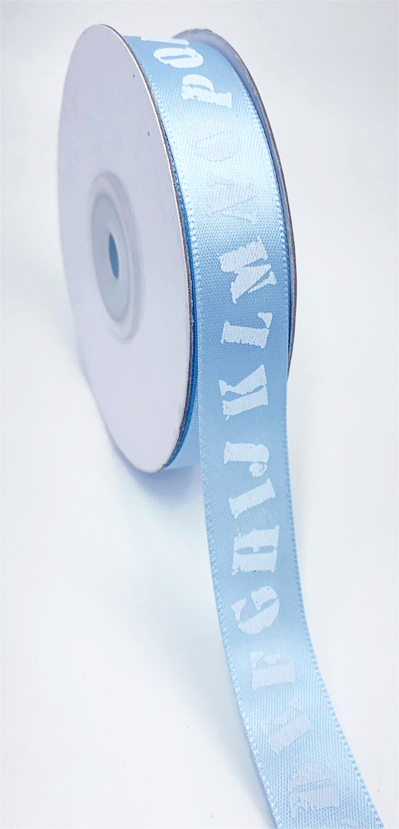 Light Blue Satin Ribbon w/ Printed Alphabet Letters, 5/8 In. x 25 Yards