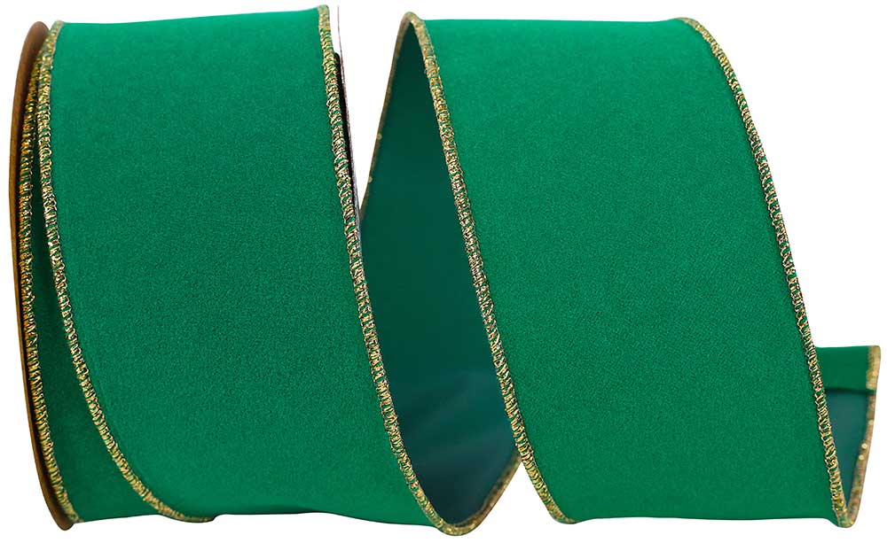 Christmas Green Velvet Wired Ribbon, Metallic Gold Edge 2.5 inch (10 ...