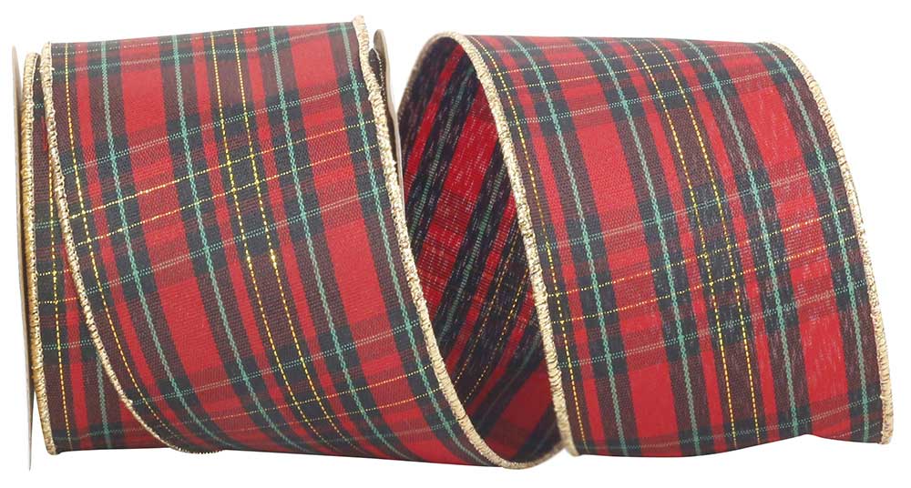 Wired Christmas Ribbon w/ Gold Edges - Highland Plaid Pattern 2.5 inch ...