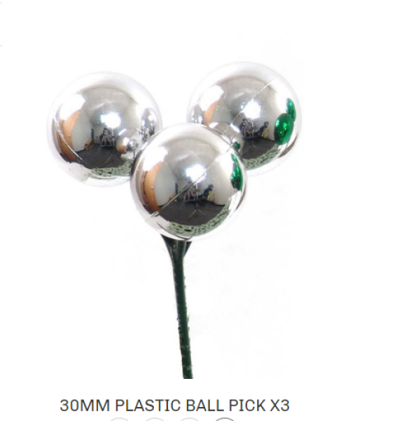 Christmas 3 Ball Picks - 30MM Silver Shiny Plastic (2 dozen per box ...